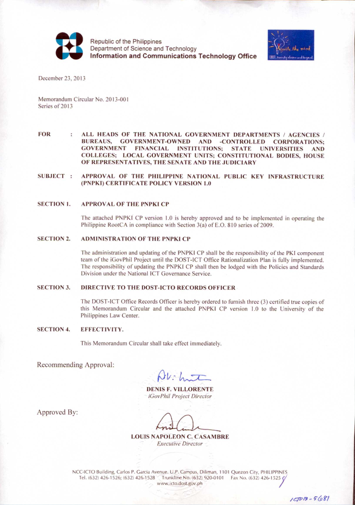Approval OF THE Philippine National Public KEY Infrastructure ( Pnpki ...