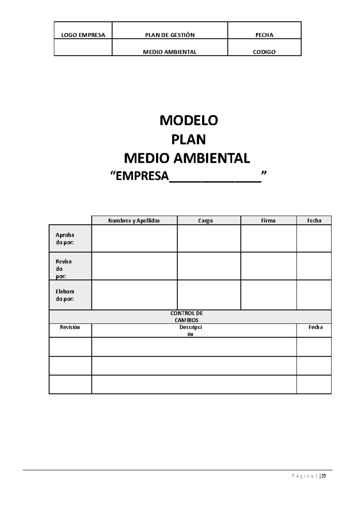 Modelo PLAN DE Gestion Ambiental Empresas - MEDIO AMBIENTAL CODIGO ...