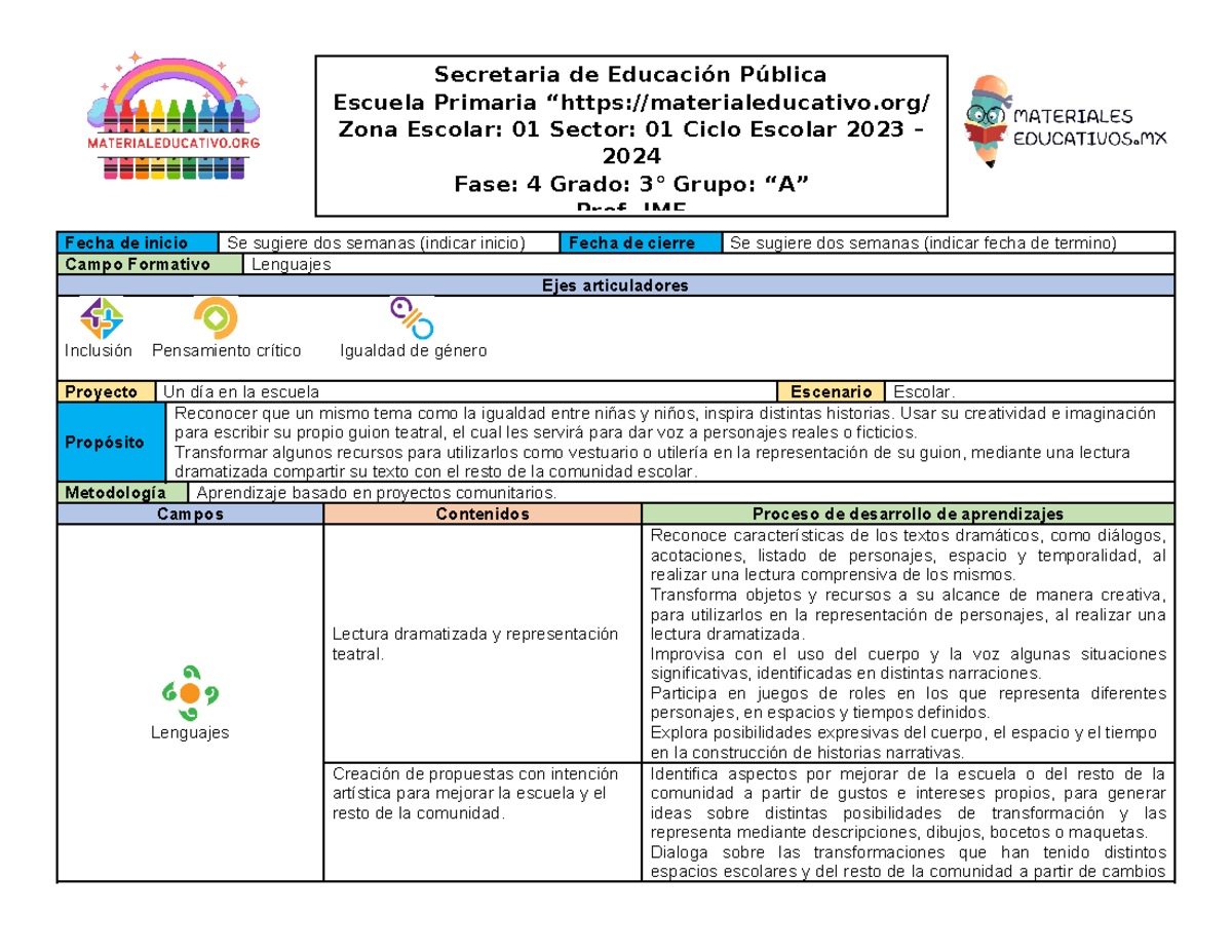 Planeación 3er Grado Proyecto Un Día En La Escuela - Fecha de inicio Se ...