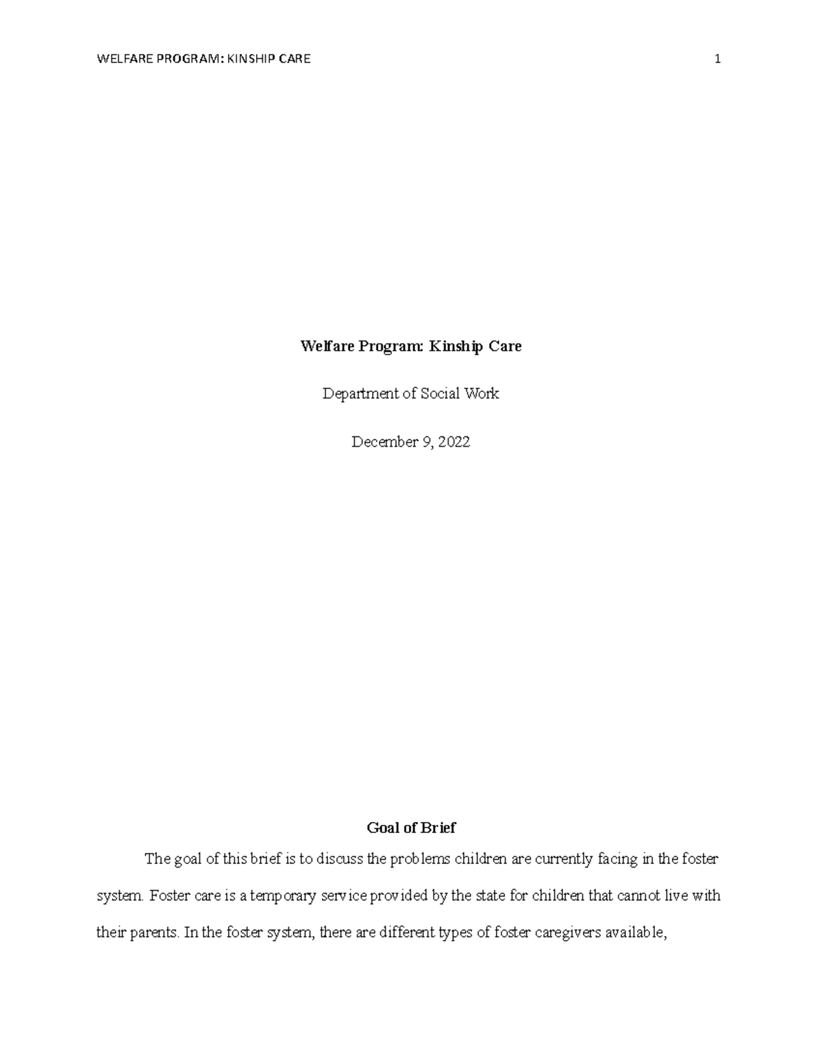 Foster Care paper - Example of a policy essay - Welfare Program ...
