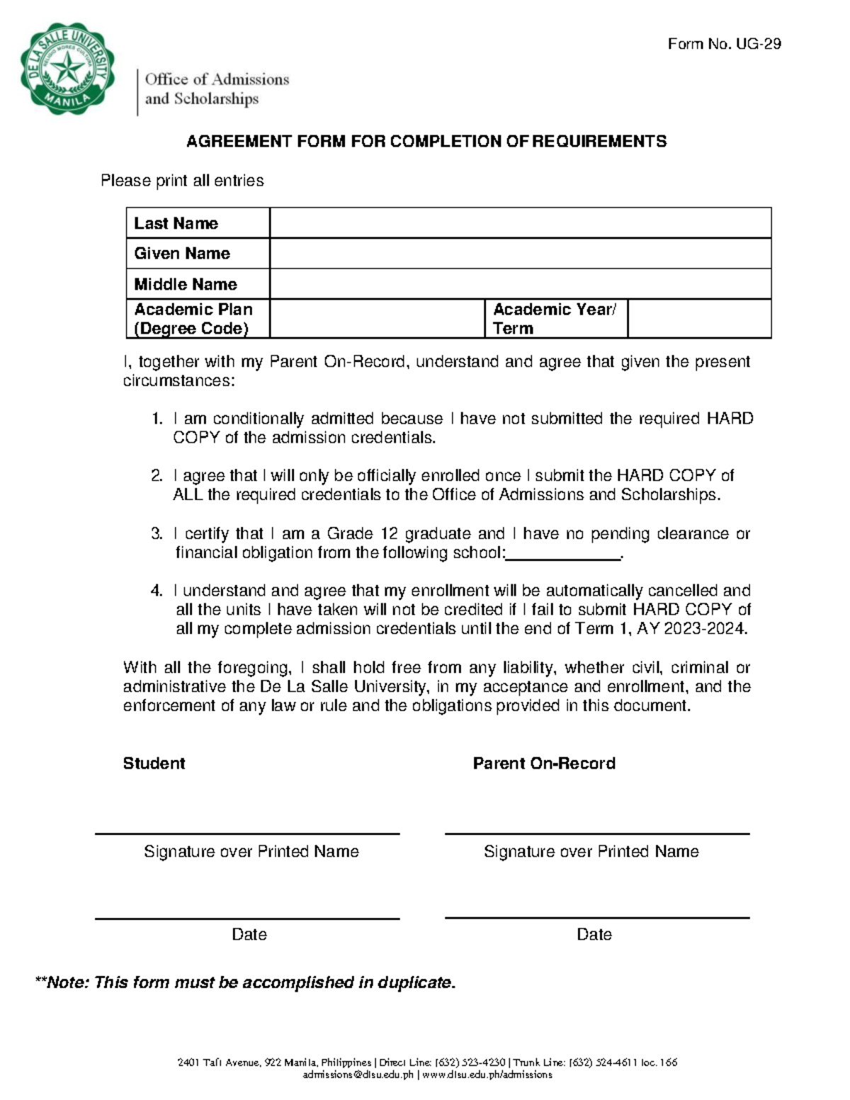 Completion of requirements agreement form - 2401 Taft Avenue, 922 ...