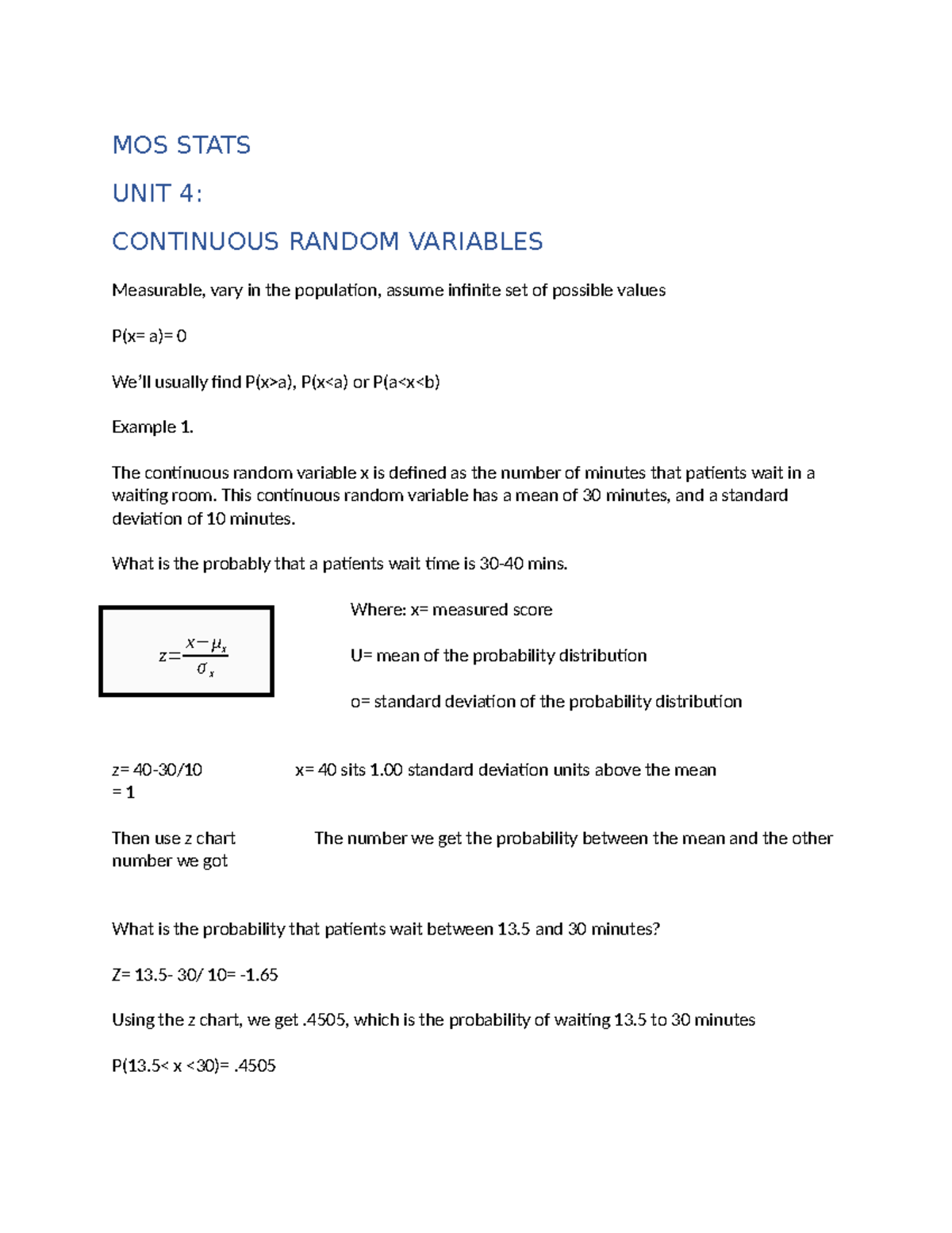 MOS Stats - Lecture notes for mos 2242 - MOS STATS UNIT 4: CONTINUOUS ...