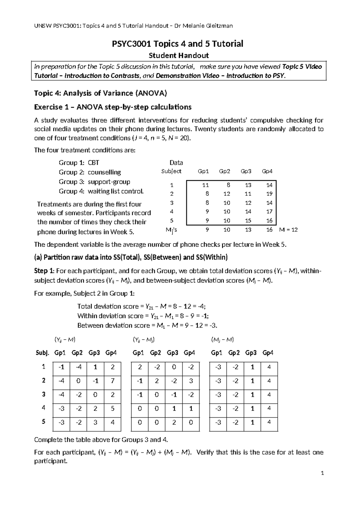 PSYC3001 Topics 4 and 5 Tutorial Handout 2024 - PSYC3001 Topics 4 and 5 Tutorial Student Handout ...
