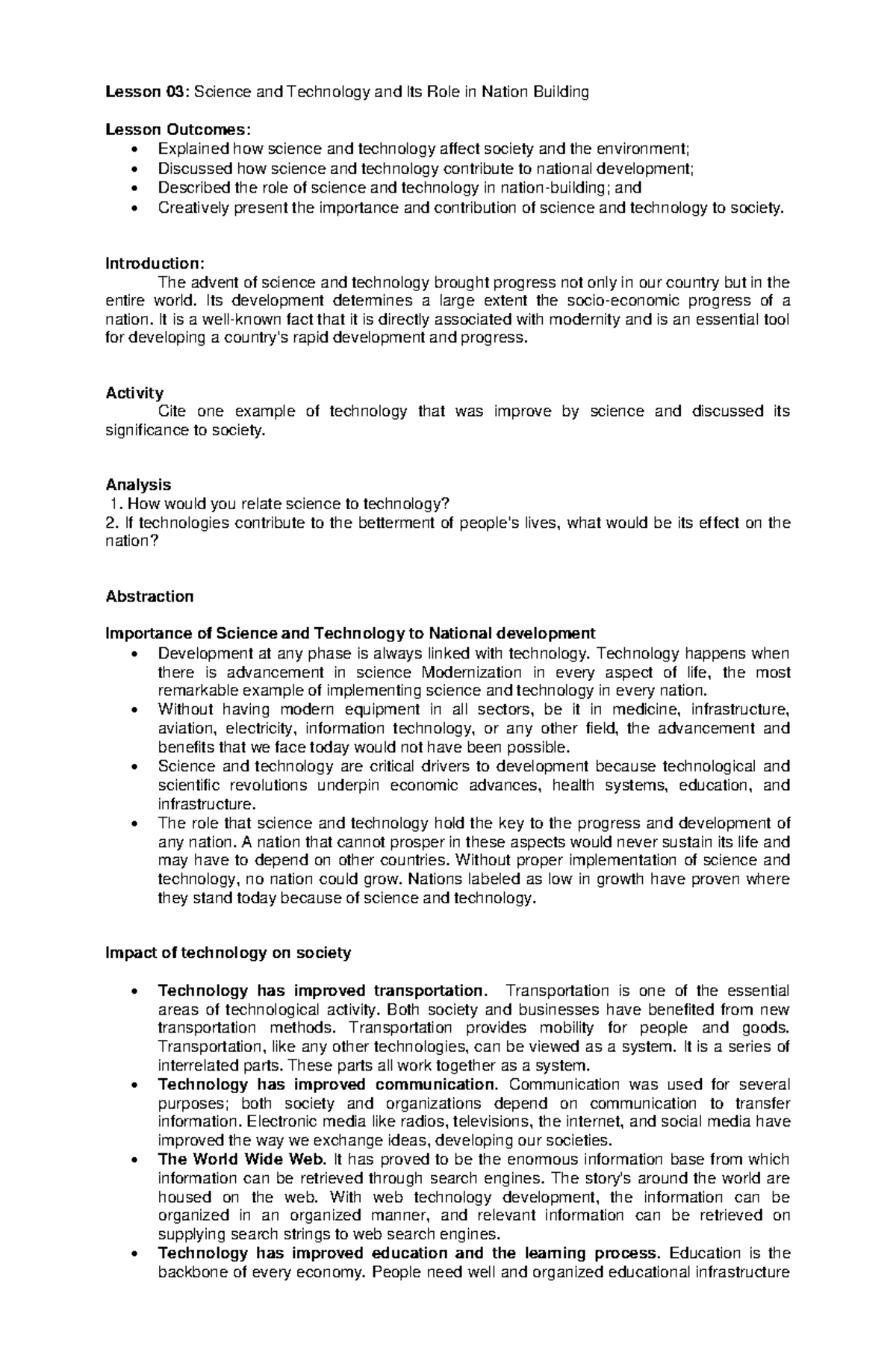 STS-Lesson-3 - Notes - Lesson 03: Science and Technology and Its Role ...