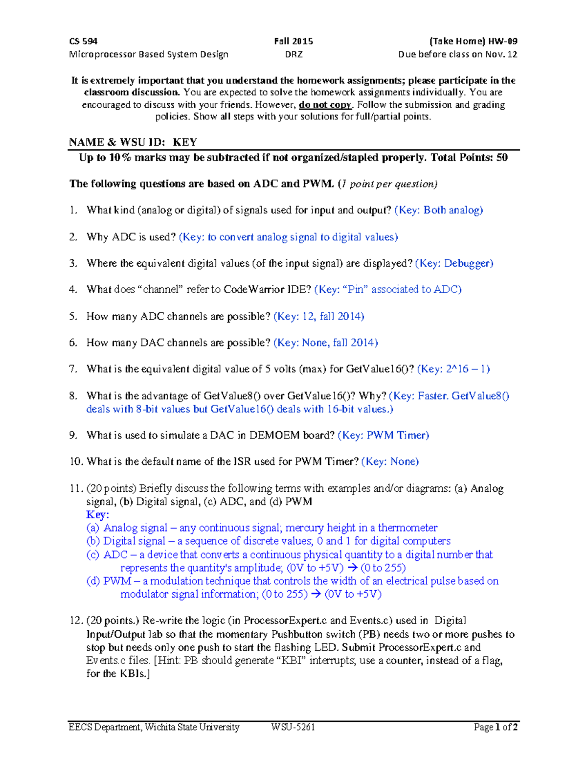 CS594Fall15 HW 09 Key - HW Answer Key - CS 594 Fall 2015 (Take Home) HW- Microprocessor Based ...