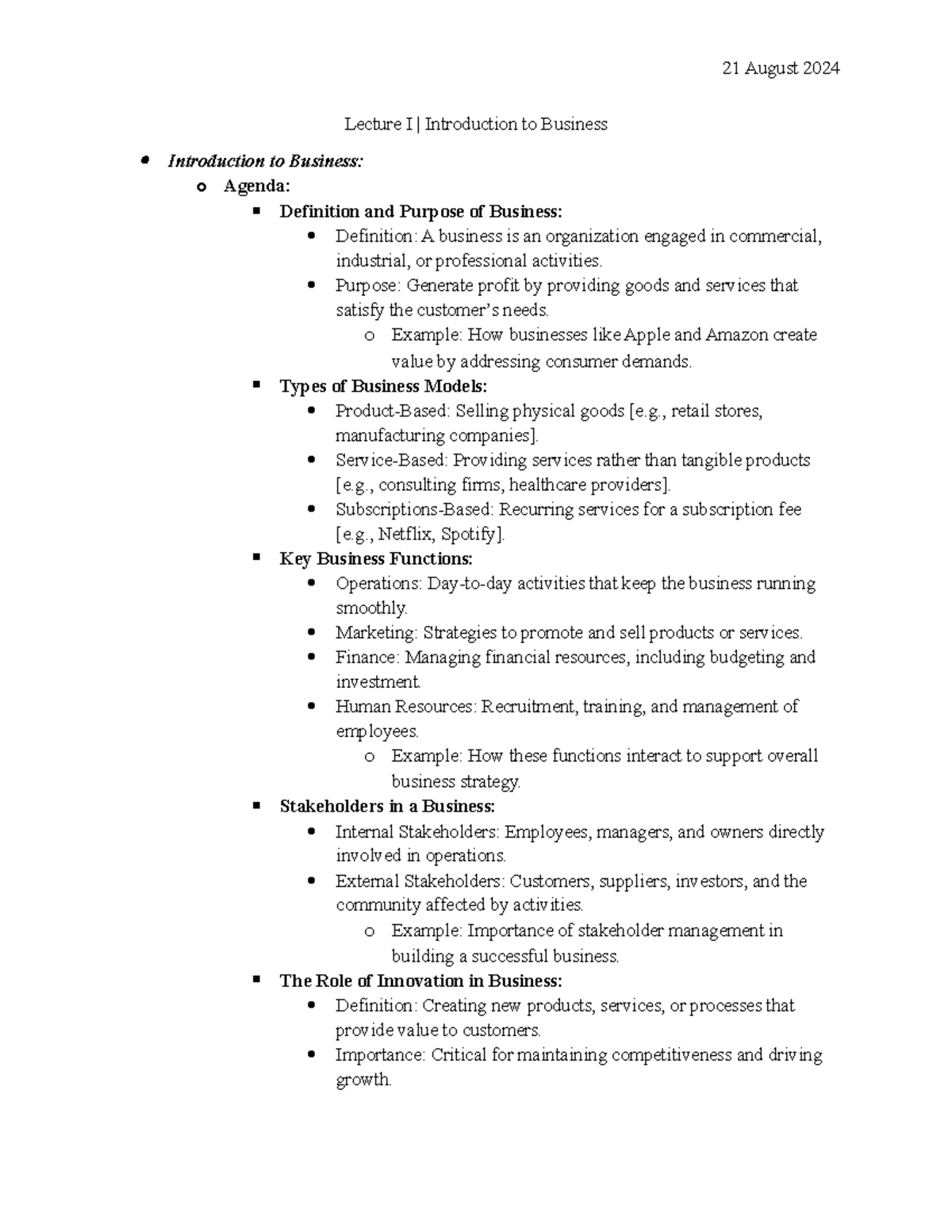 Lecture I - Intro to Business - Lecture I | Introduction to Business ...