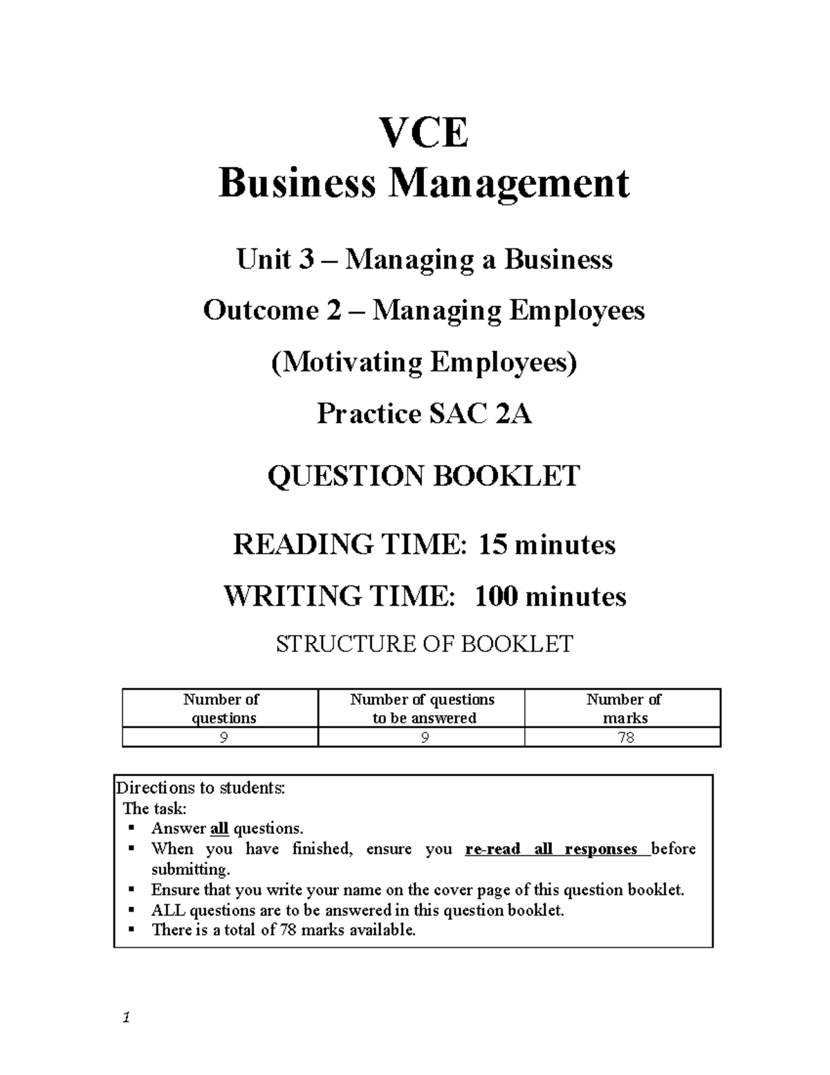 2a practice sac - VCE Business Management Unit 3 – Managing a Business ...