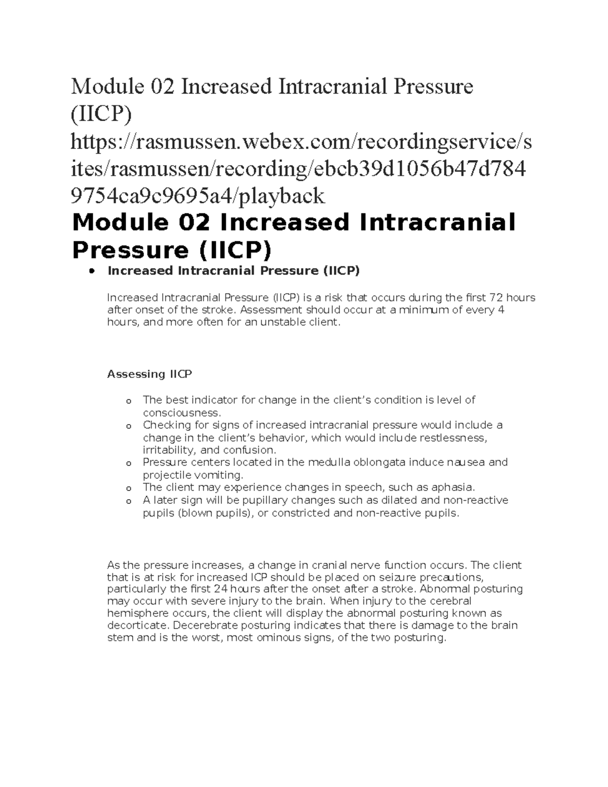MDC4 Notes - Module 02 Increased Intracranial Pressure (IICP) rasmussen ...