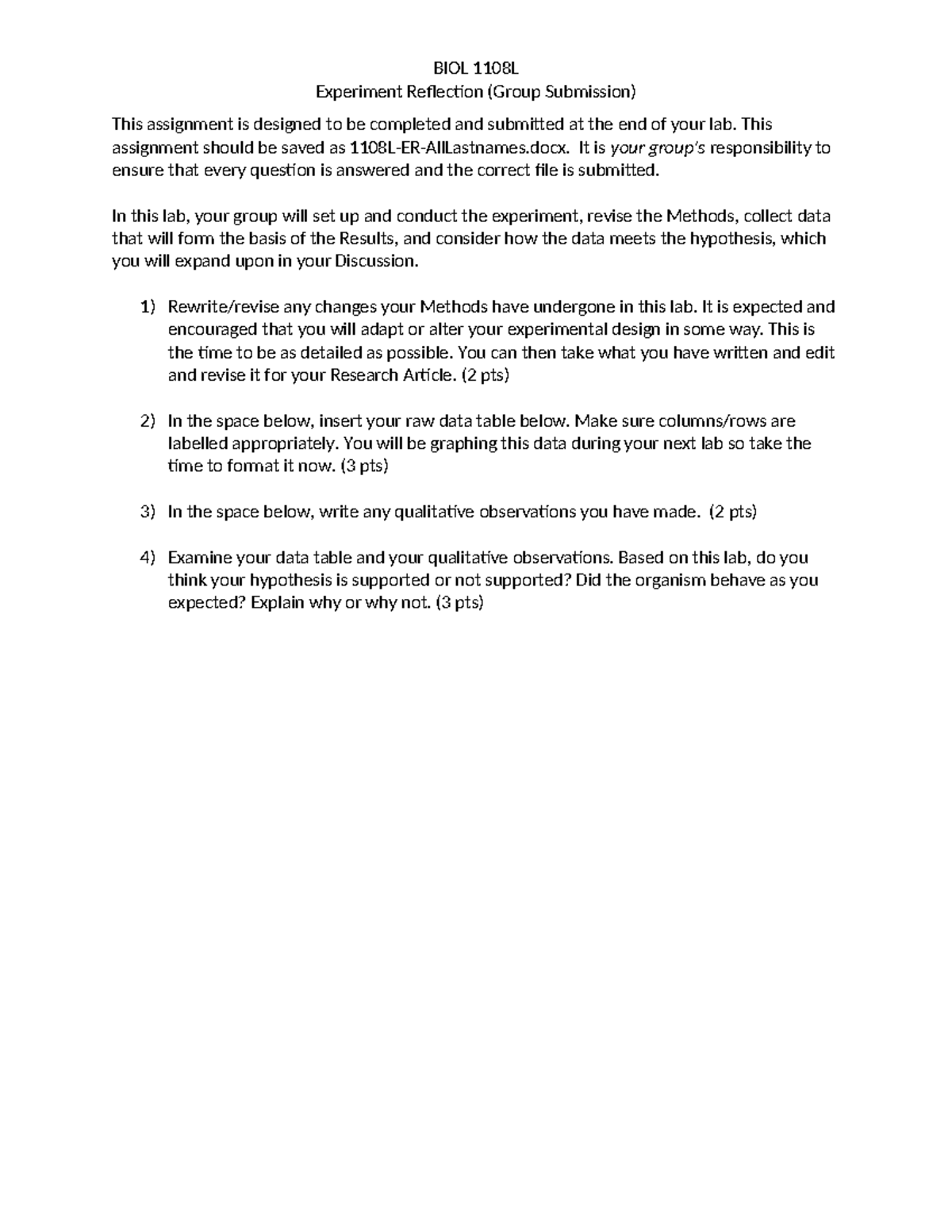 BIOL 1108L Experiment Reflection - BIOL 1108L Experiment Reflection ...