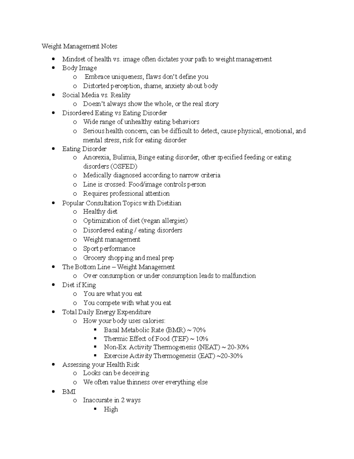Weight Managment Notes - Weight Management Notes Mindset of health vs ...