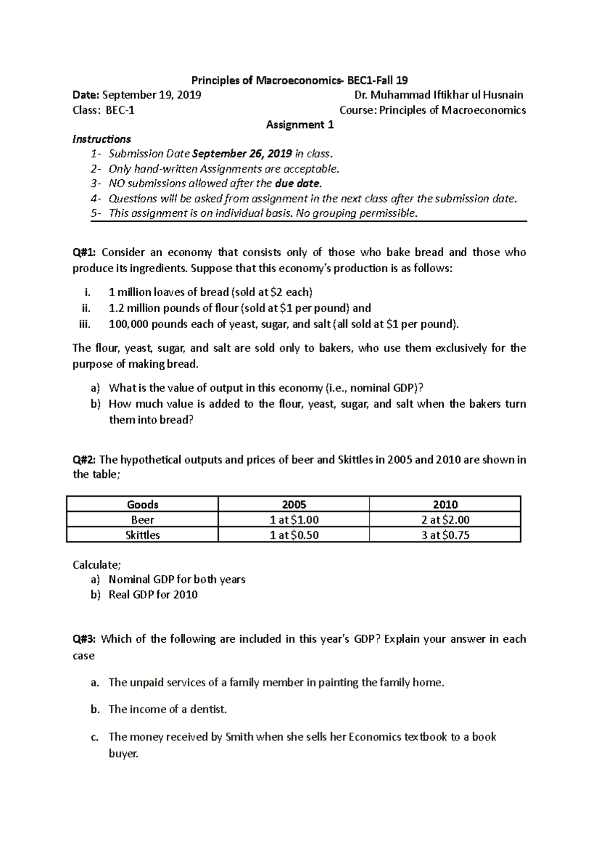 Assignment 01 - Principles of Macroeconomics- BEC1-Fall 19 Date ...