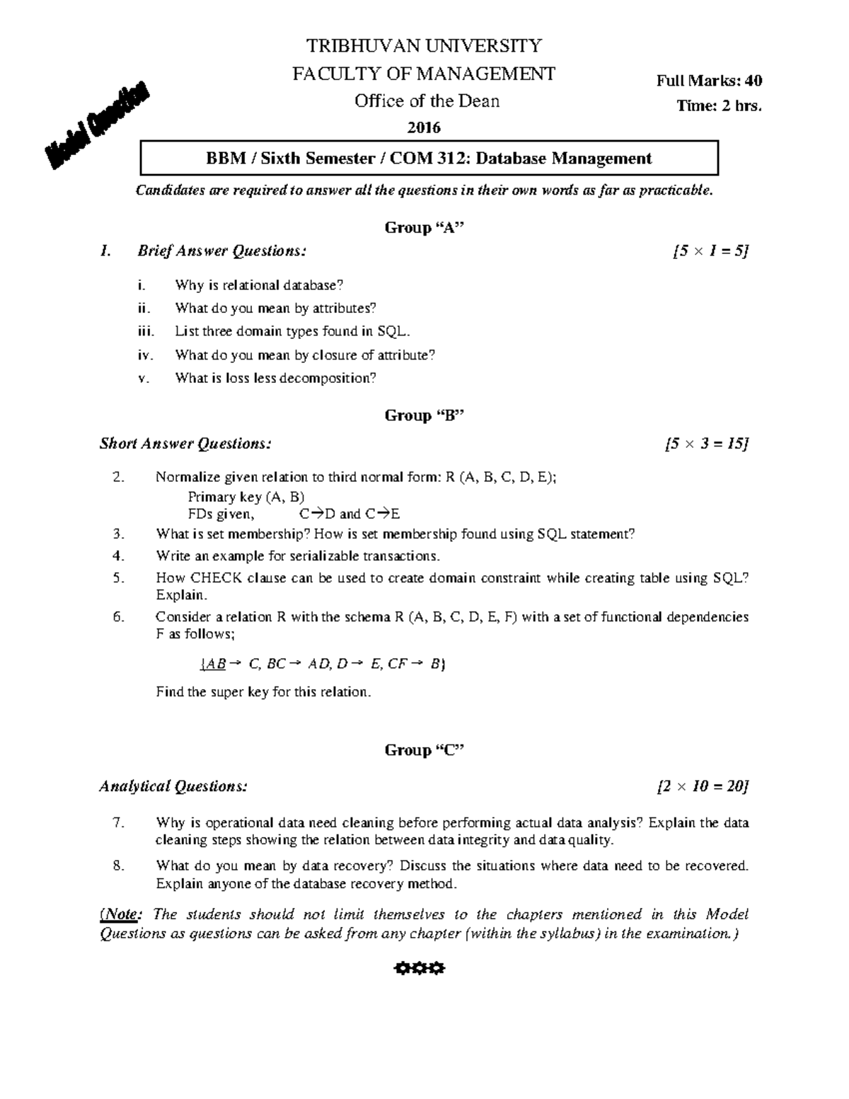 Model Question BBM Sixth Semester Database Management - TRIBHUVAN ...