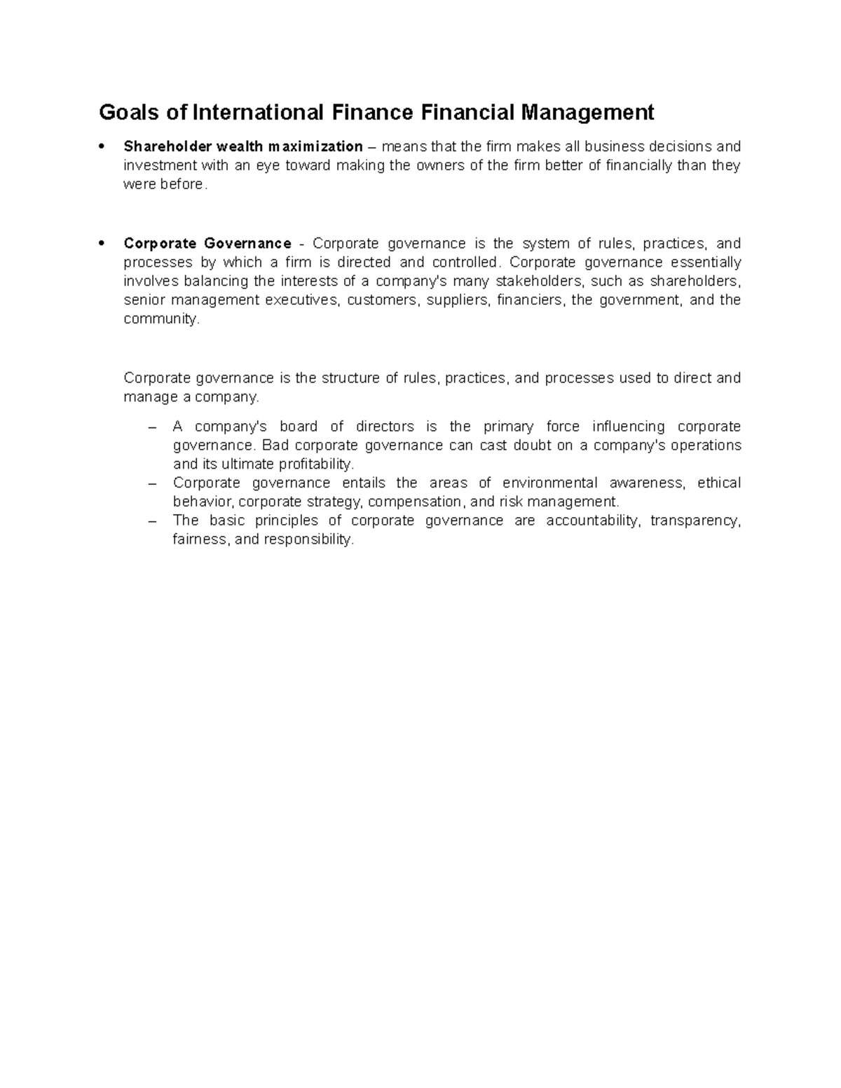 Goals of International Finance Financial Management - Corporate ...