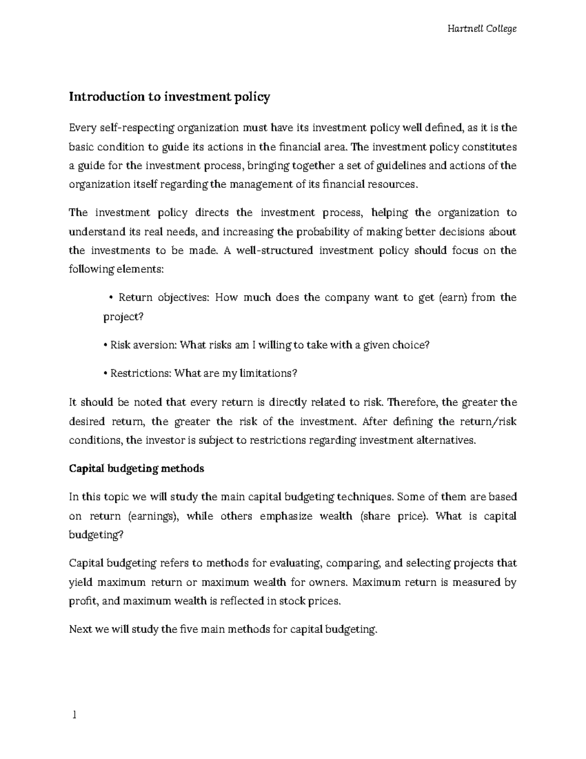 Introduction to investment policy. - The investment policy constitutes ...