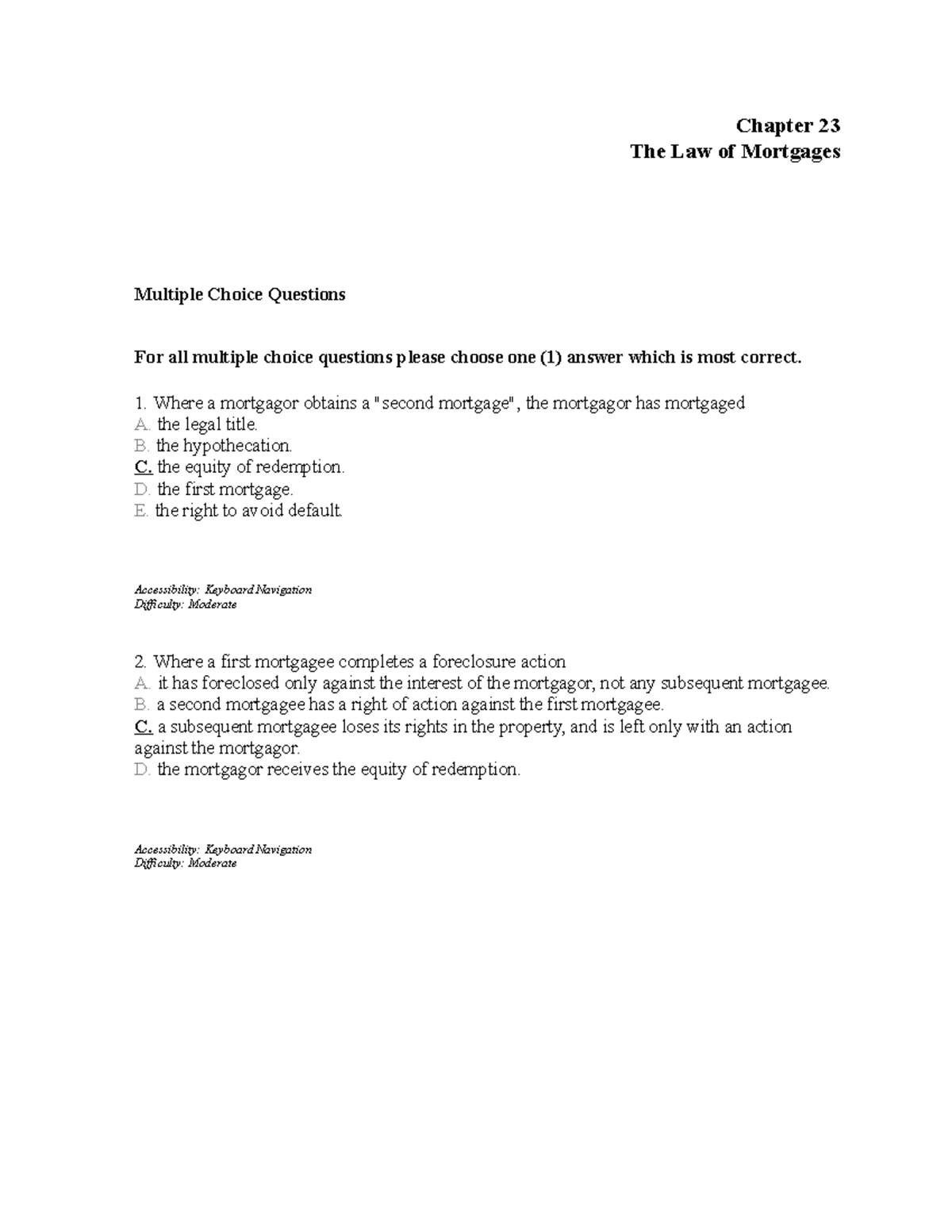 Willes 12e TB Chap023 - Brian - Chapter 23 The Law of Mortgages Multiple Choice Questions For ...