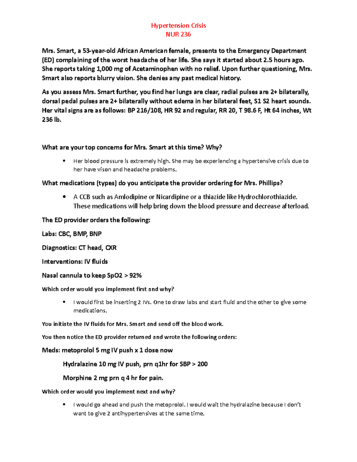 Hypertensive Crisis Case Study Class Activity - Hypertension Crisis NUR ...