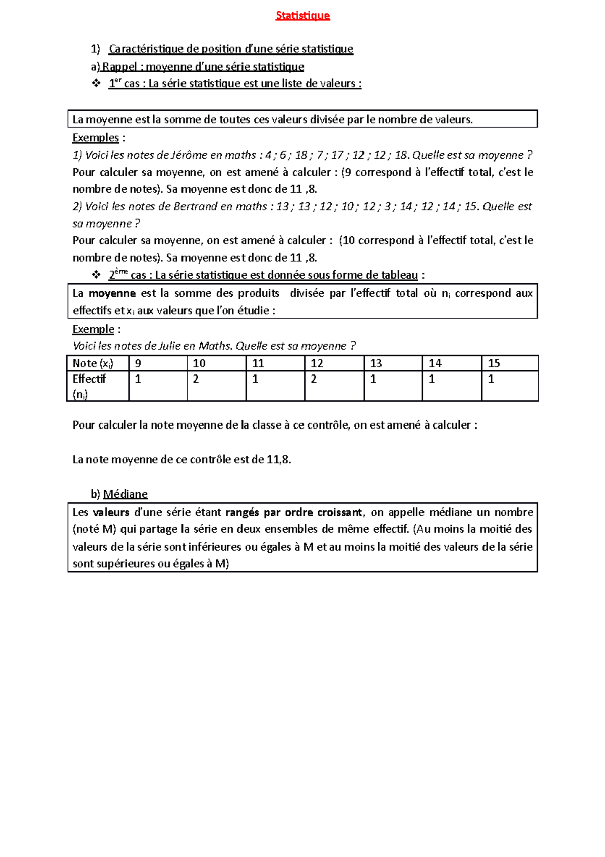 Statistiques - college math - Statistique Caractéristique de position d ...