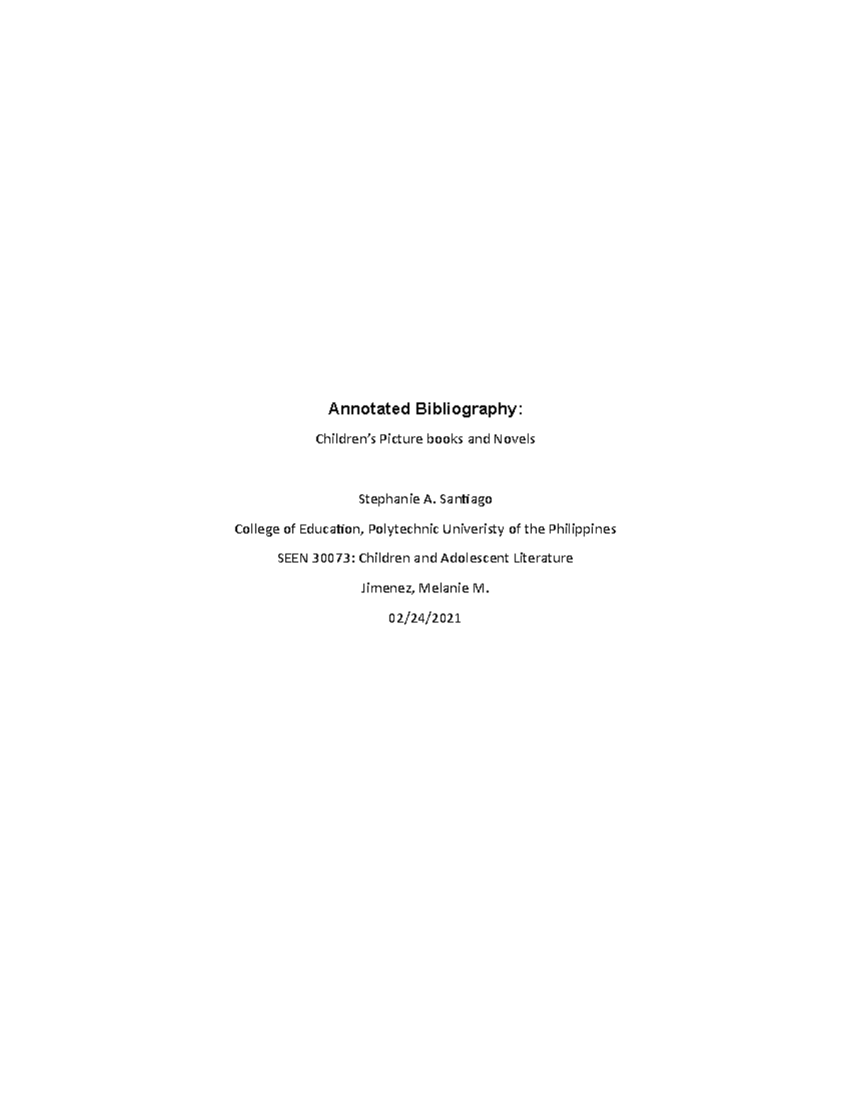 Annotated Bibliography - Annotated Bibliography: Children’s Picture ...