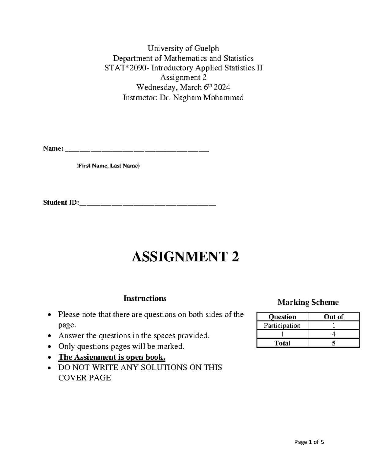 Assignment 2 Solutions University Of Guelph Department Of Mathematics And Statistics Stat