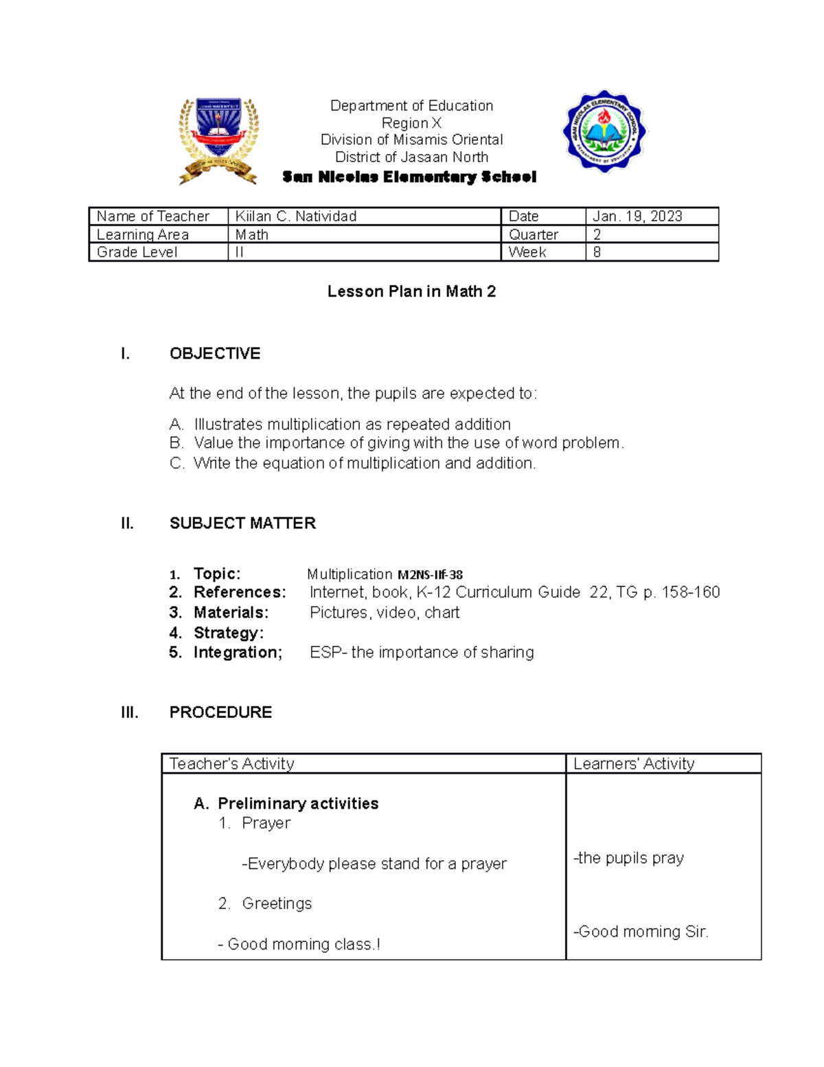 Dlp math 2 multiplication - Department of Education Region X Division ...