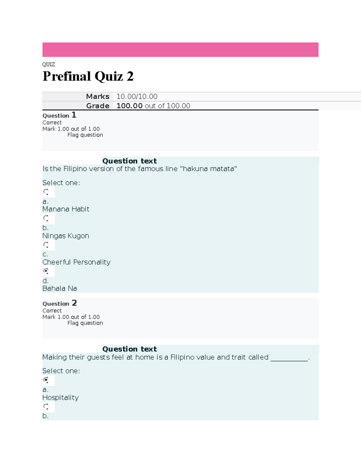 PRE Final QUIZ 2 UTS - QUIZ Prefinal Quiz 2 Marks Grade 10.00/10.00100 ...