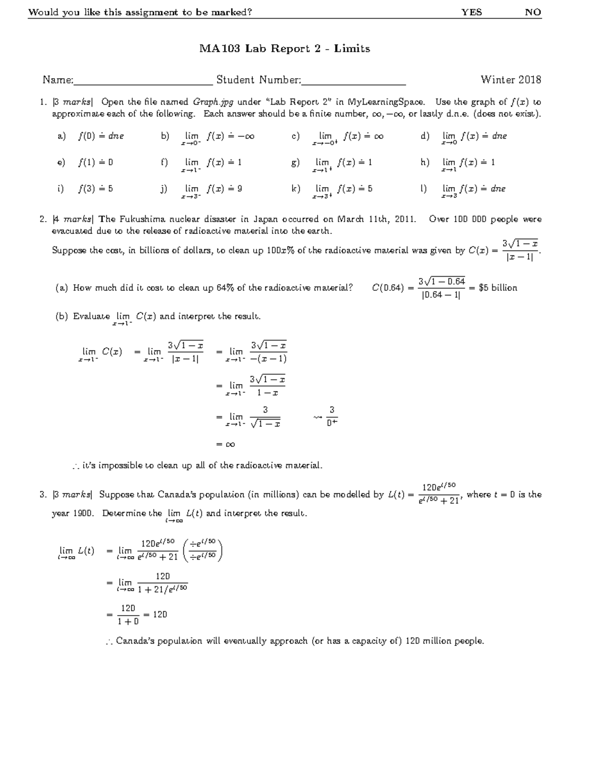 Lab 2 Solutions - Would you like this assignment to be marked? YES NO ...