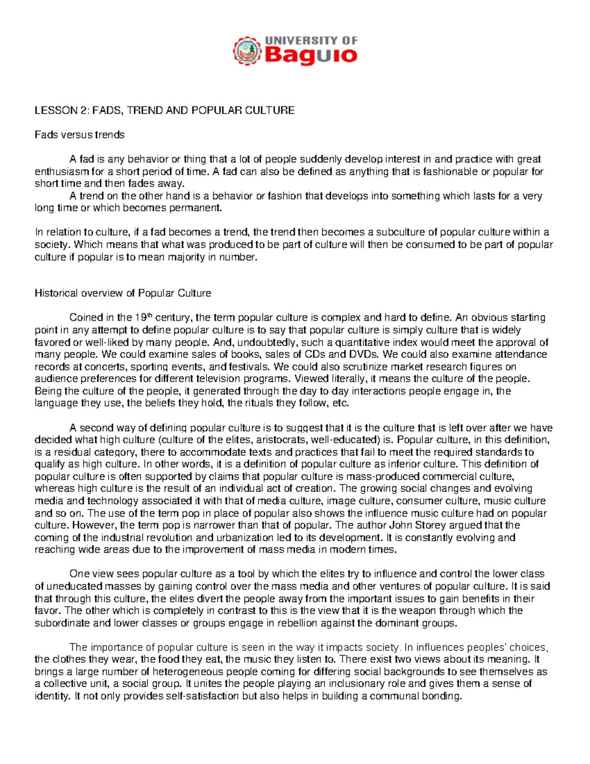 Lesson 2 & 3 notes - culture and society - LESSON 2: FADS, TREND AND ...