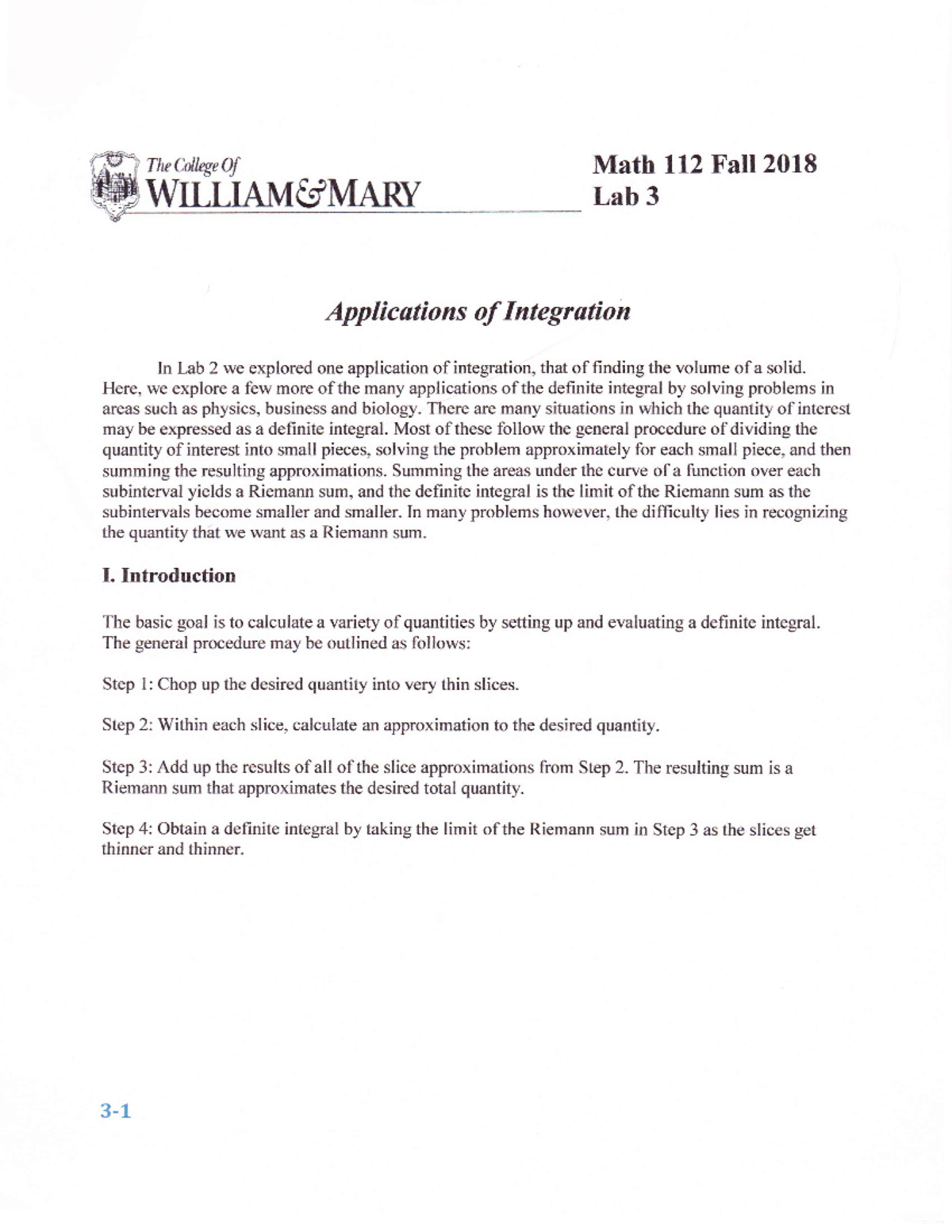 Lab 3 Calculus Ii Lab 3 The College Of Math 112 Fall 2018 Lab 3