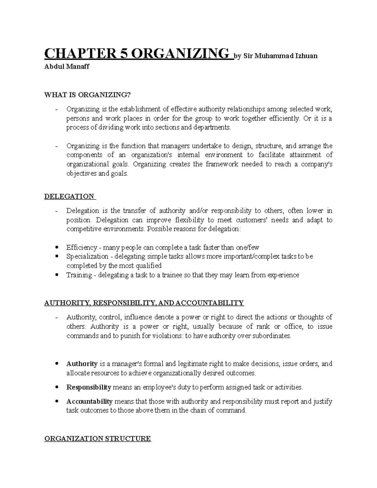 Chapter 5 Organizing - CHAPTER 5 ORGANIZING by Sir Muhammad Izhuan ...