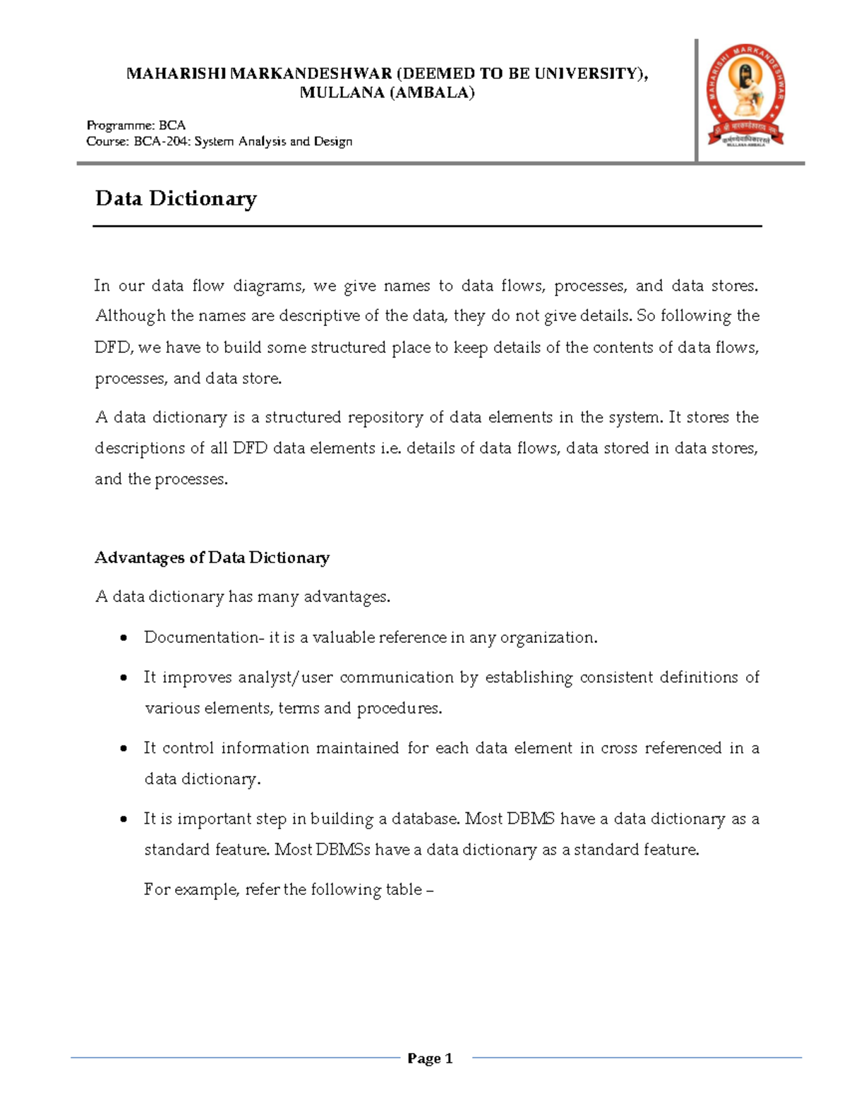BCA 204 W5 C2 - System analysis and design - MULLANA (AMBALA) Programme ...