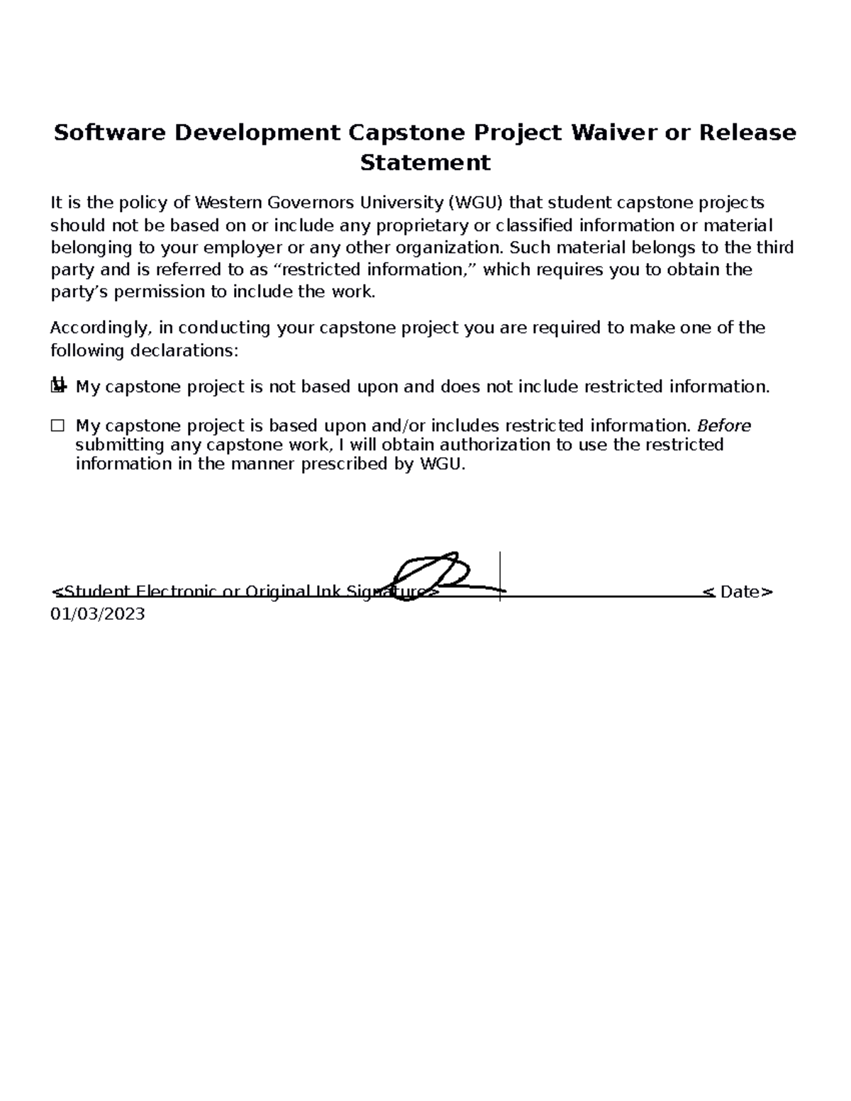 Capstone Waiver final - Stuff - Software Development Capstone Project Waiver or Release ...