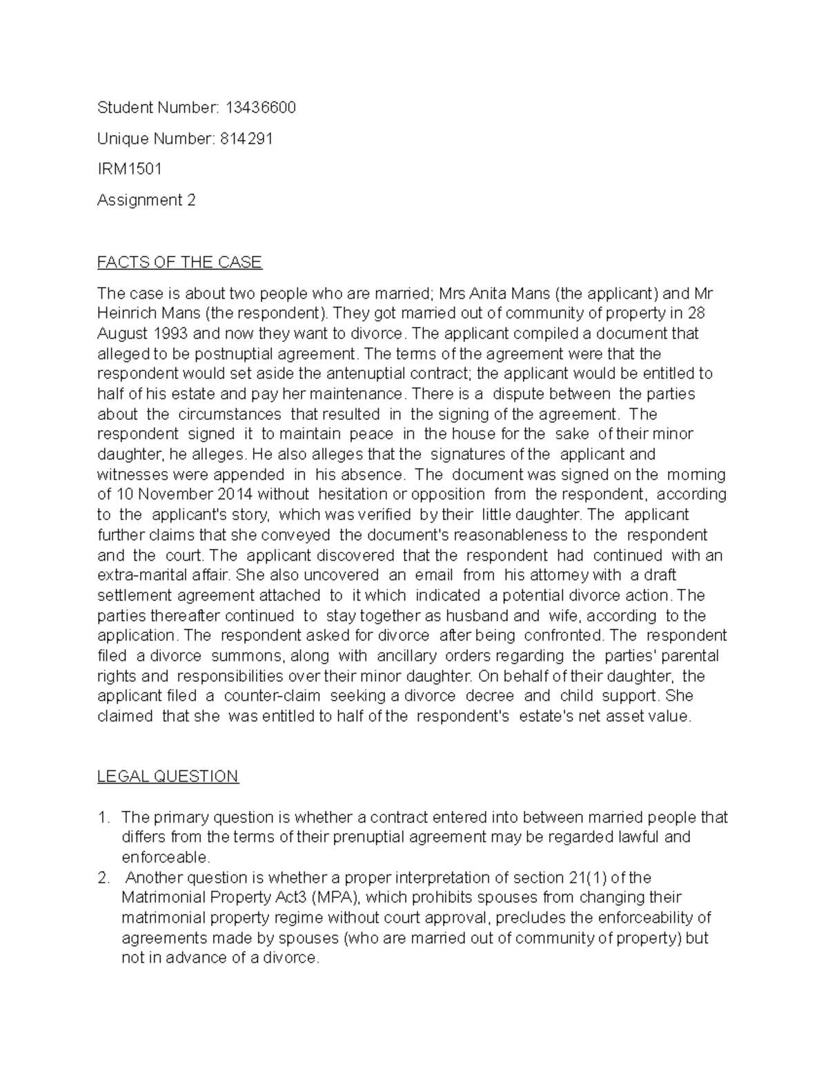IRM1501 ASS 2 - No description - Student Number: 13436600 Unique Number: 814291 IRM Assignment 2 ...