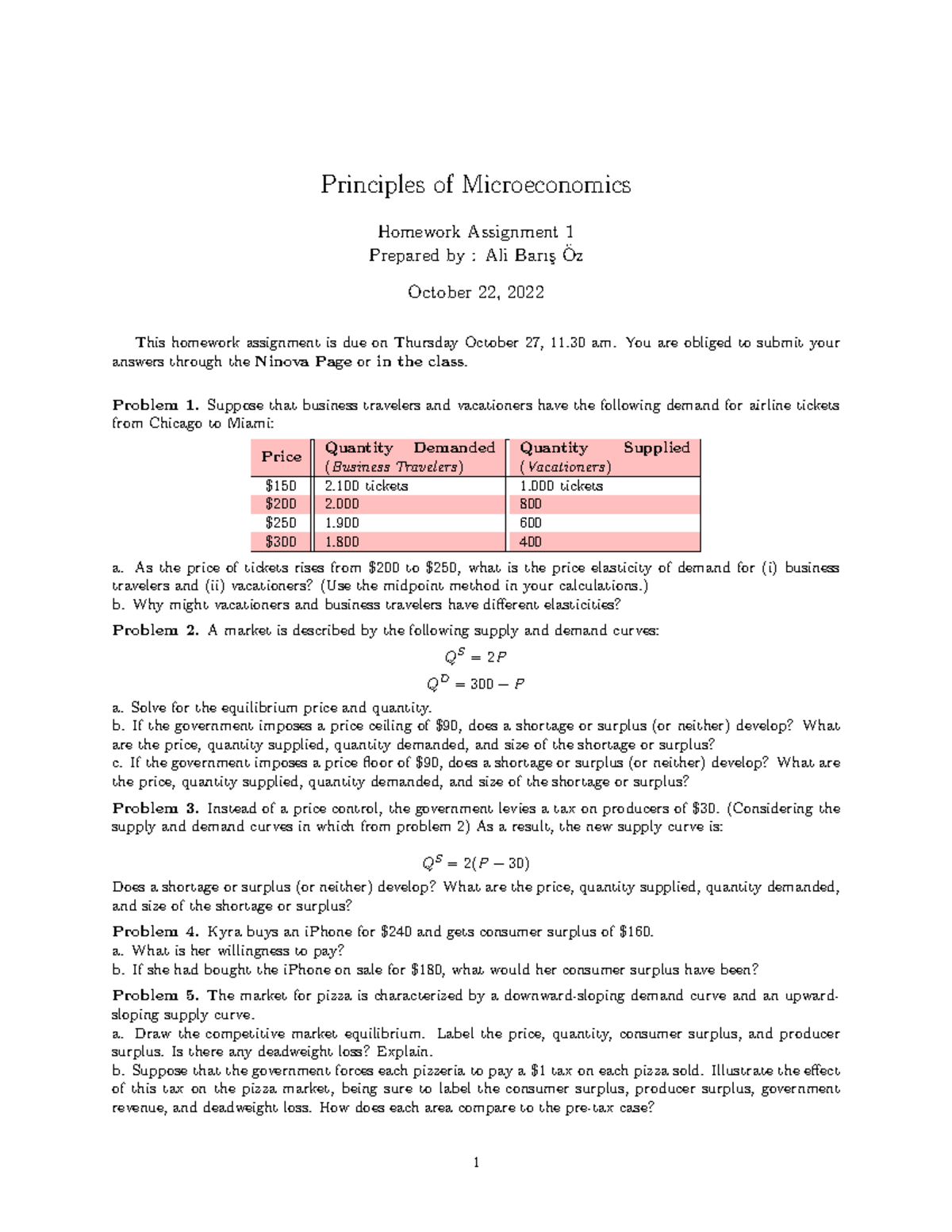 Homework Assignment 1 - Principles of Microeconomics Homework ...