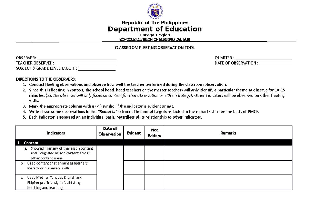 2023 2024 Classroom Fleeting Observation Tool - Republic of the ...