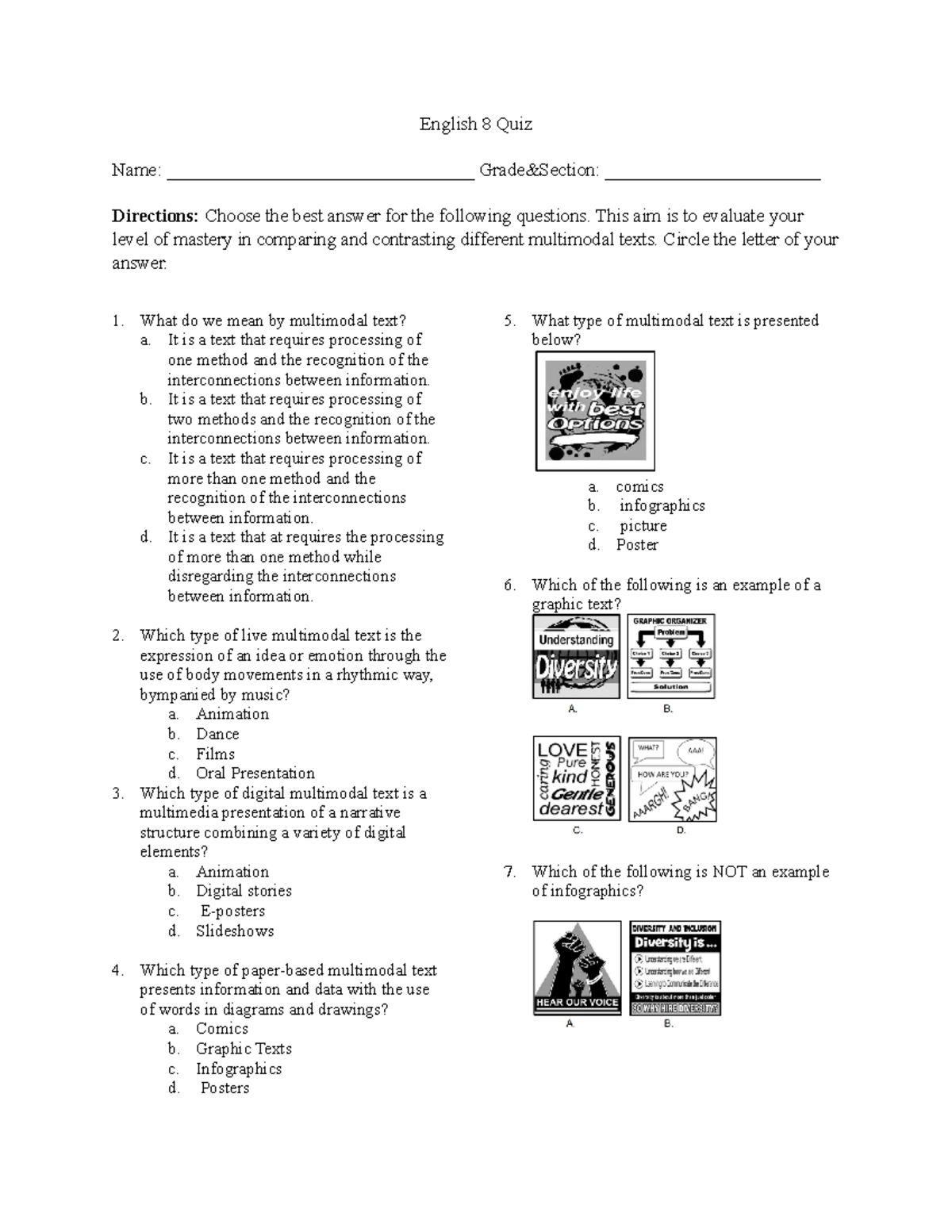 English 8 Quiz Multimodal Texts English 8 Quiz Name