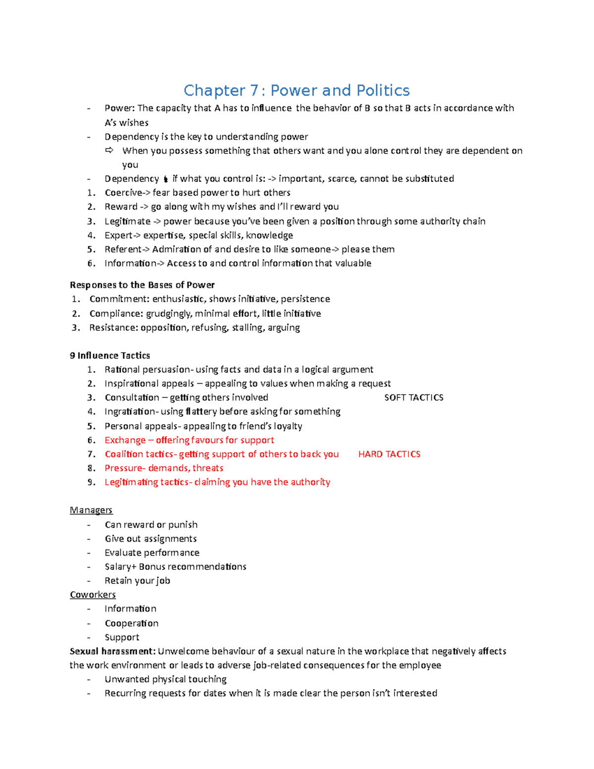 Chapter 7 - Lecture notes 13-14 - Chapter 7: Power and Politics Power ...