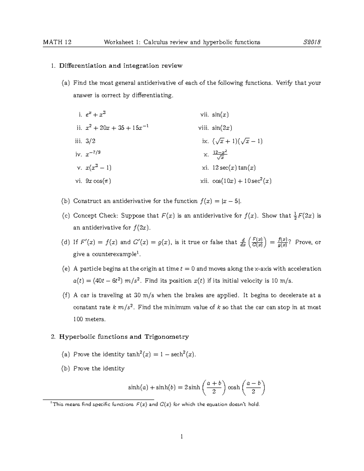 S2018 Math 12 Worksheet 1 - MATH 12 Worksheet 1: Calculus review and ...