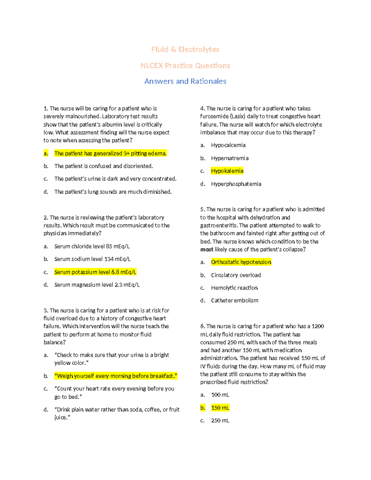 Fluid and Electrolytes Practice Questions Answer and Rationales UD2023 ...