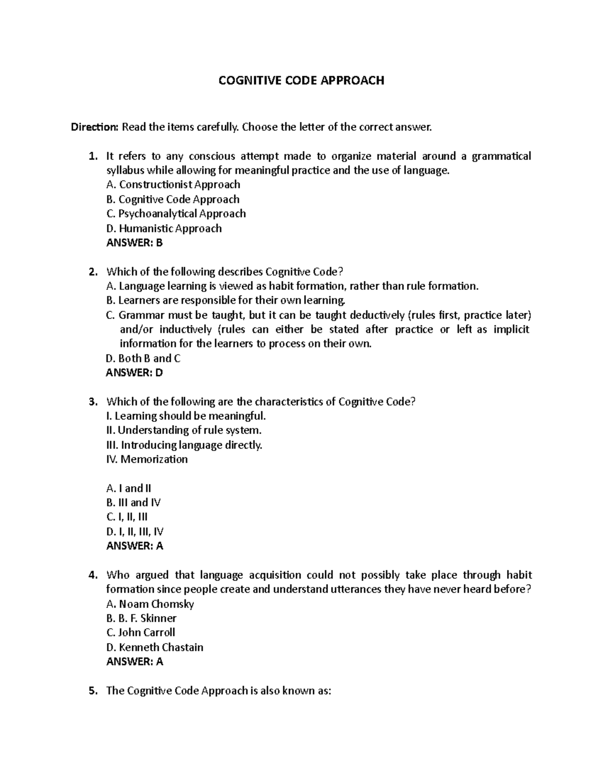 Group 3 CC QUIZ - EXAM - COGNITIVE CODE APPROACH Direction: Read the ...