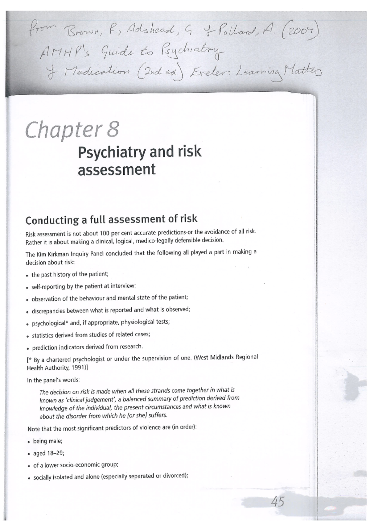 MH Risk assessment - READING MATERIAL NEEDED FOR THE COURSE - 2G5Z0017 ...