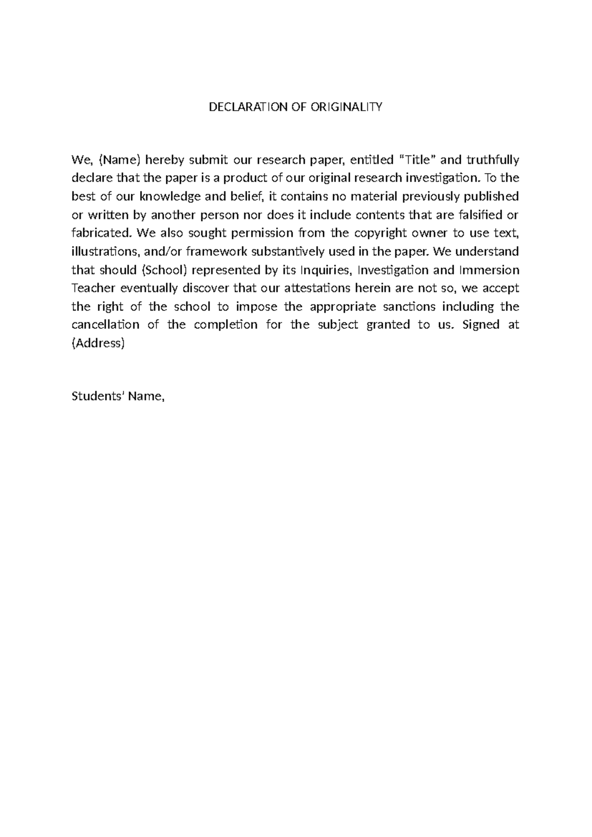 Declaration of Originality - DECLARATION OF ORIGINALITY We, (Name ...