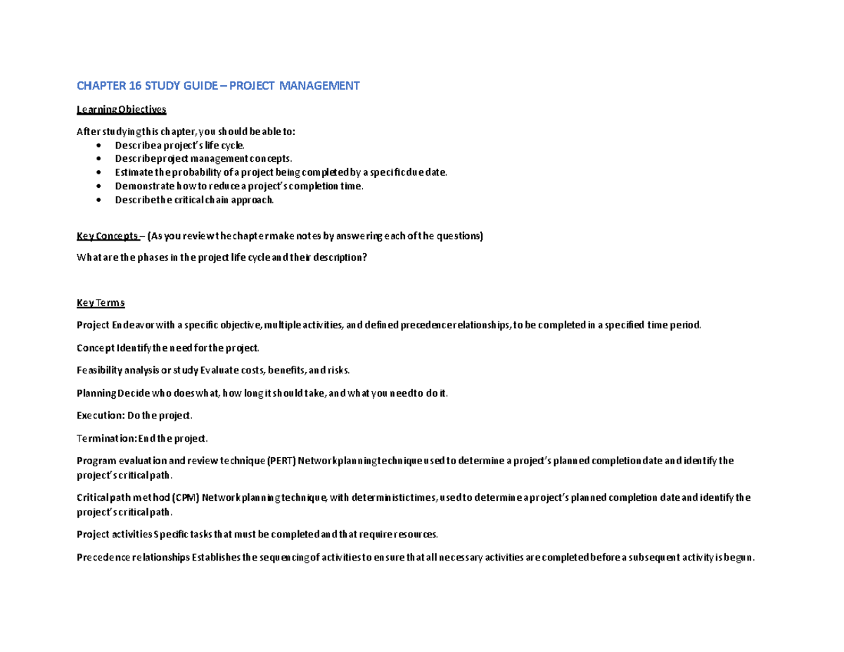 Chapter 16 Study Guide – Project Management - CHAPTER 16 STUDY GUIDE ...
