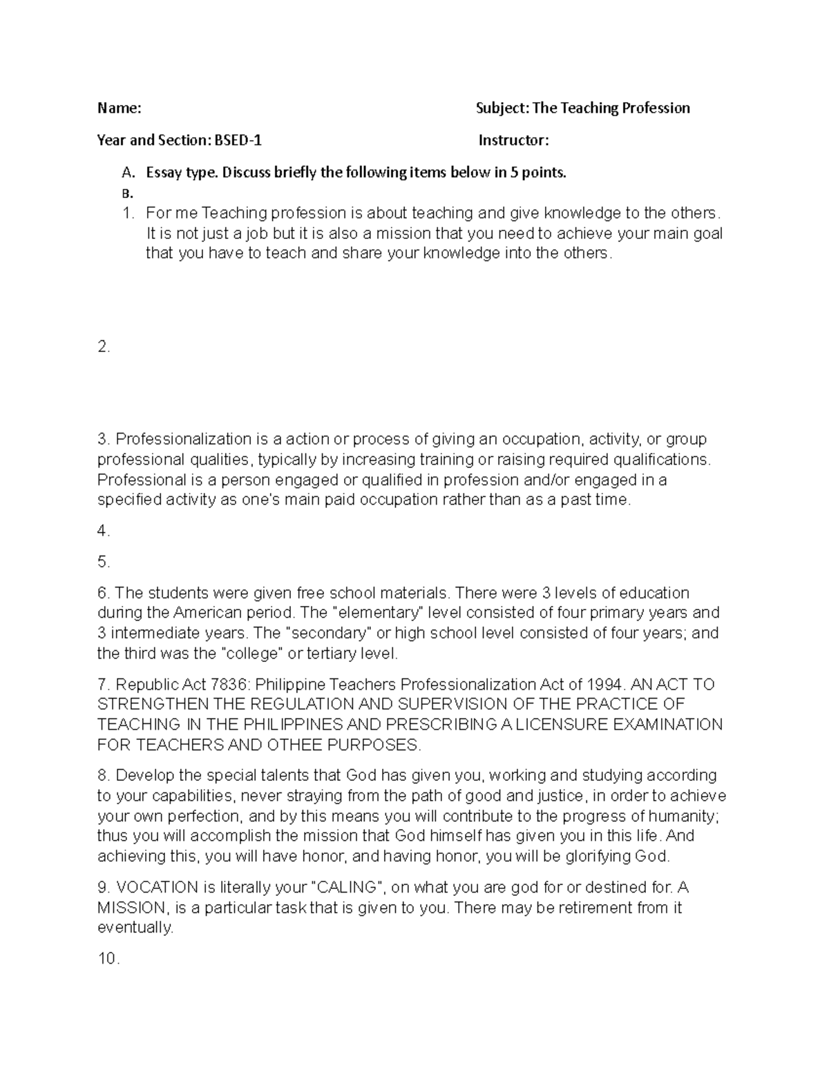 The teaching profession - Name: Subject: The Teaching Profession Year ...