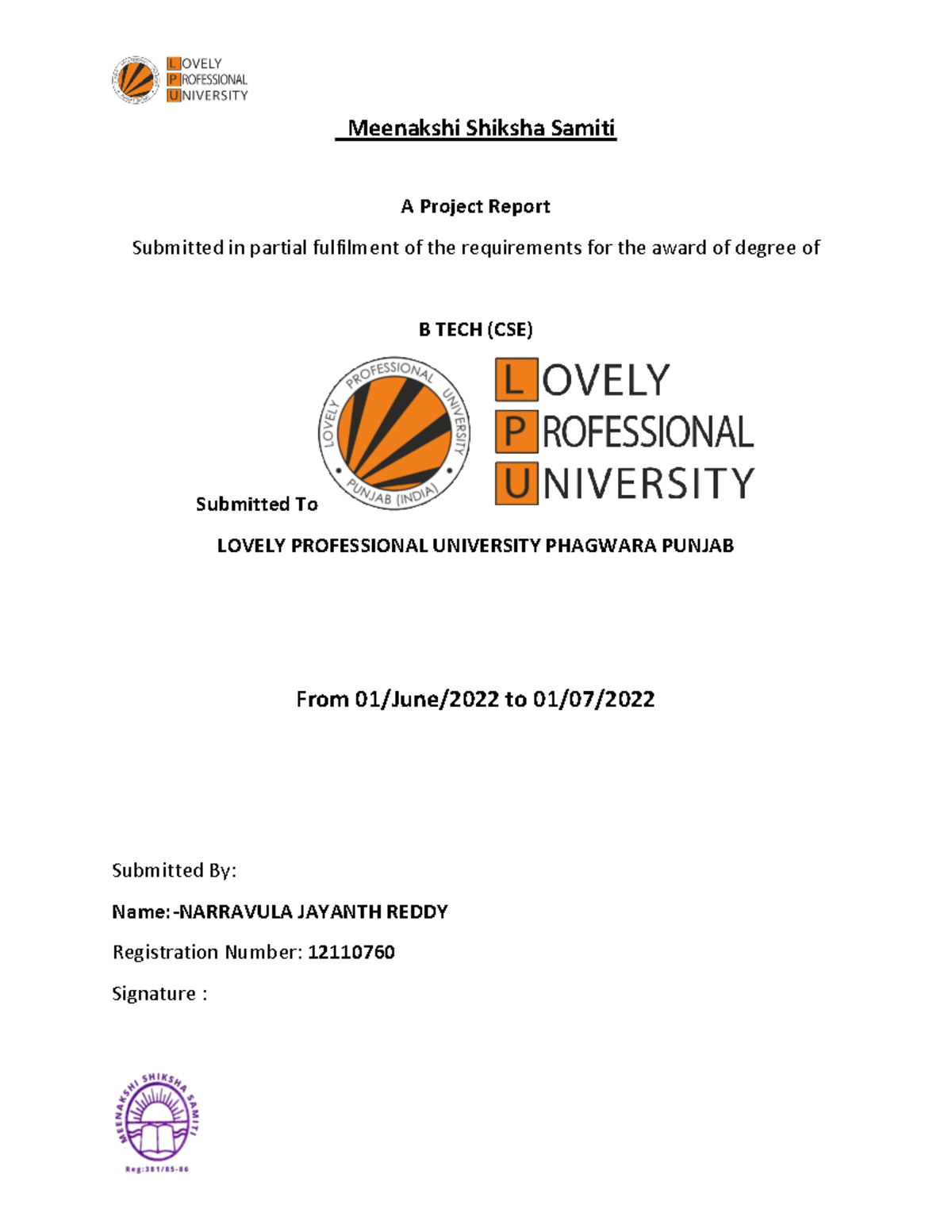 Jayanth NGO Upload PDF-1 - ####### Meenakshi Shiksha Samiti A Project Report Submitted in ...