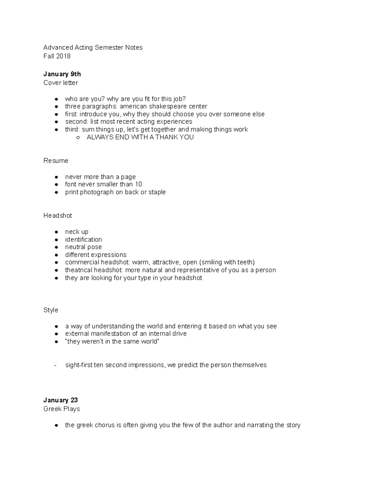 Advanced Acting Semester Notes - Studocu