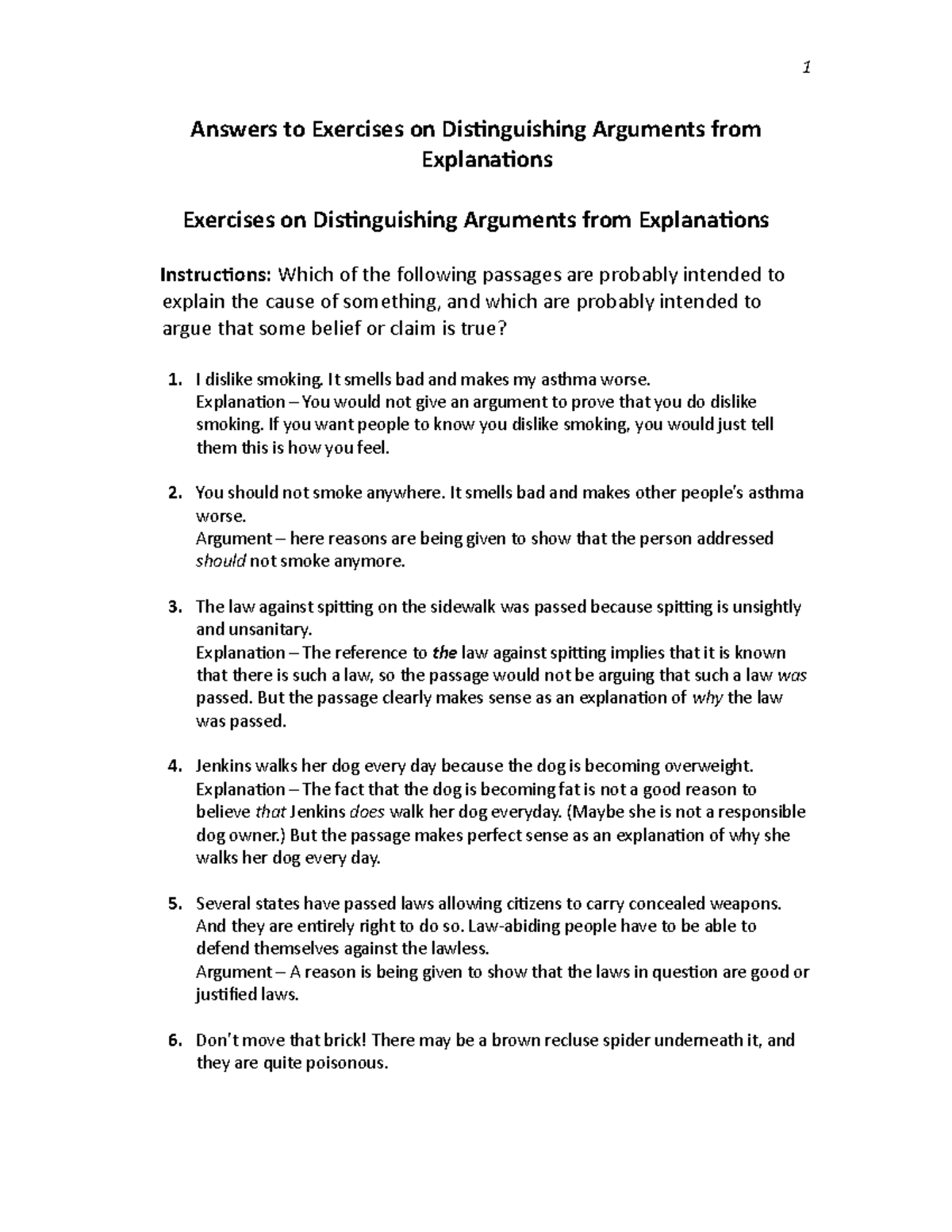 Answers to Distinguishing Arguments from Explanations - Answers to Exercises on Distinguishing ...