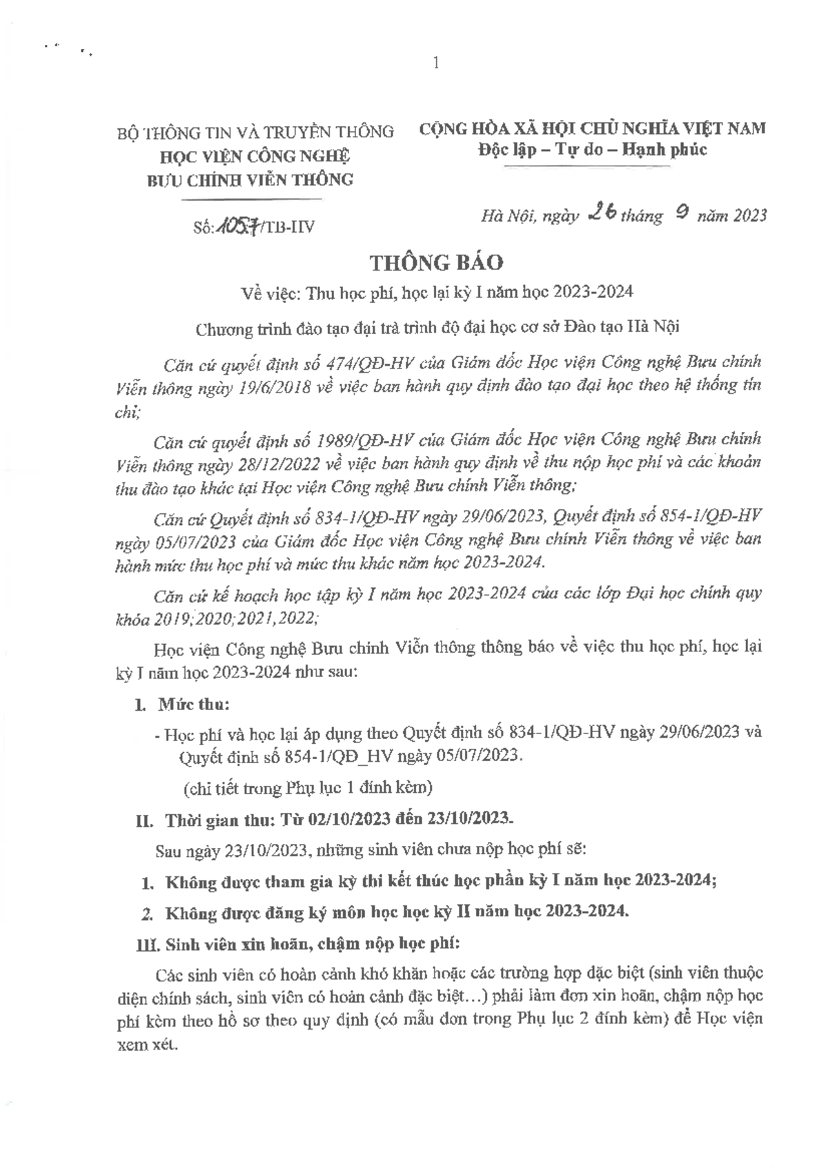 Thông BÁO THU HỌC PHÍ KỲ 1 NĂM 23 24 - Hệ quản trị cơ sở dữ liệu - Studocu
