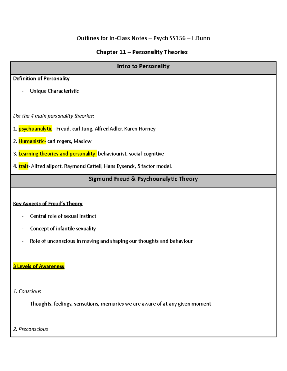 Ch 11 - Personality - Lecture notes 4 - Outlines for In-Class Notes ...