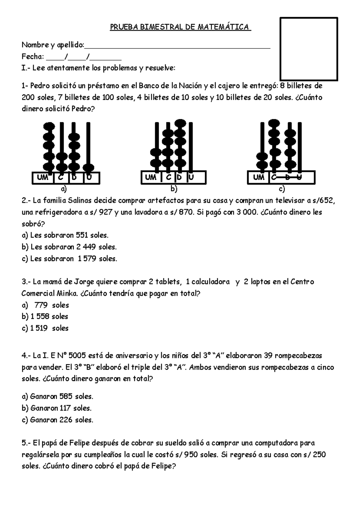 Prueba Bimestral DE Matemátic 3 - PRUEBA BIMESTRAL DE MATEMÁTICA Nombre ...
