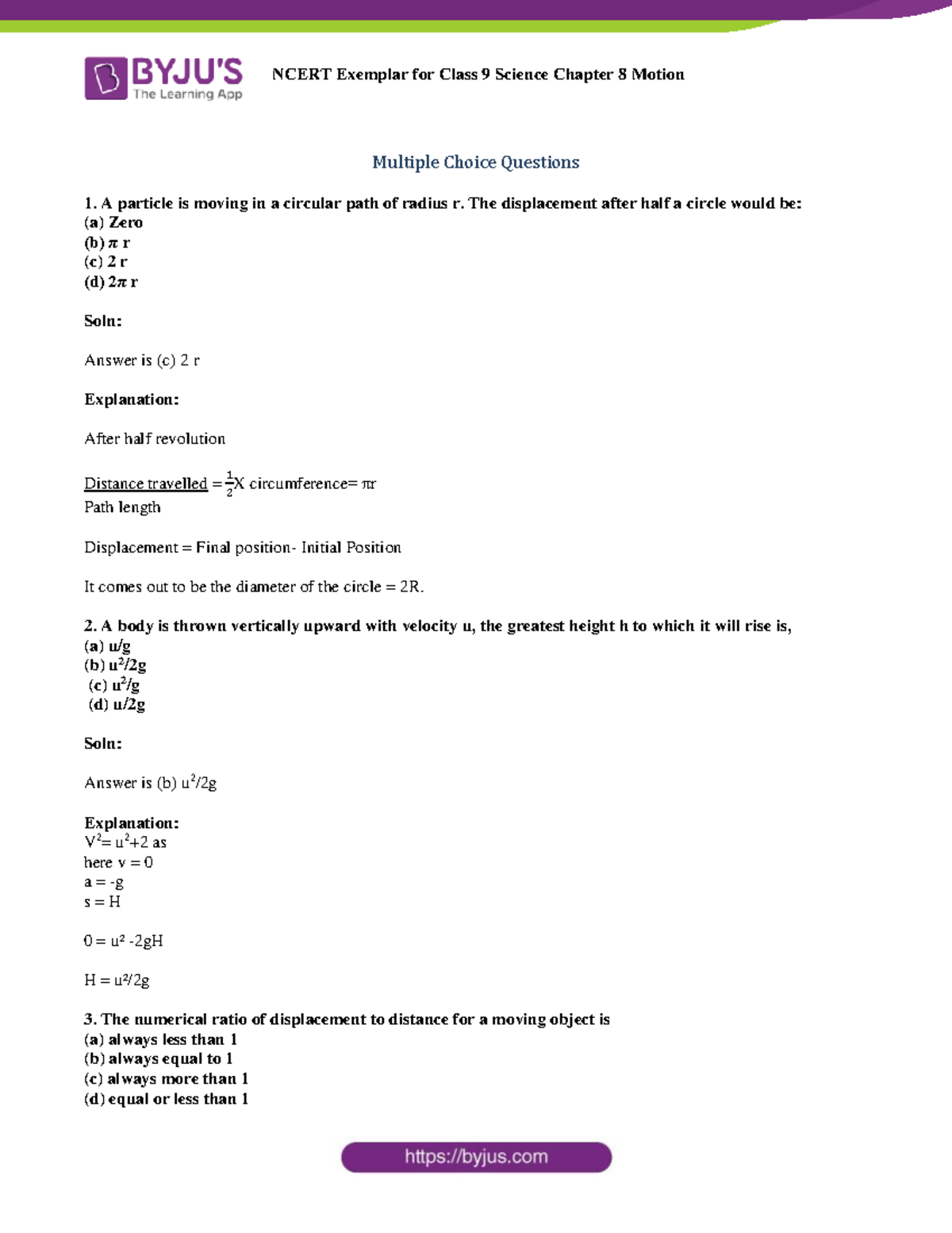 Exemplar Solutions Motion Class 9 - Multiple Choice Questions A ...